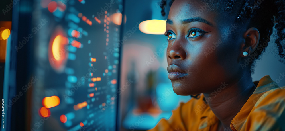 Side profile of black female IT developer working on computer in dark ...