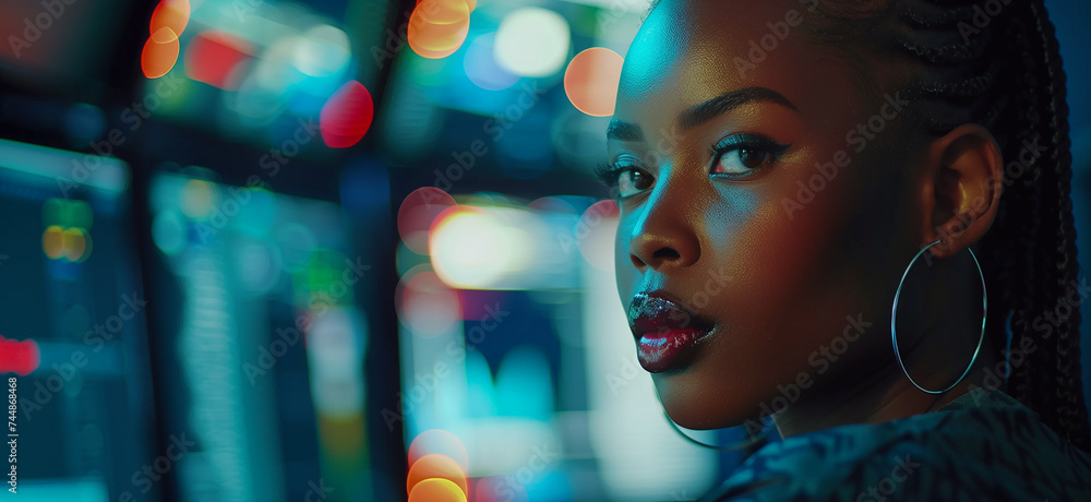 Foto de Side profile of black female IT developer working on computer ...