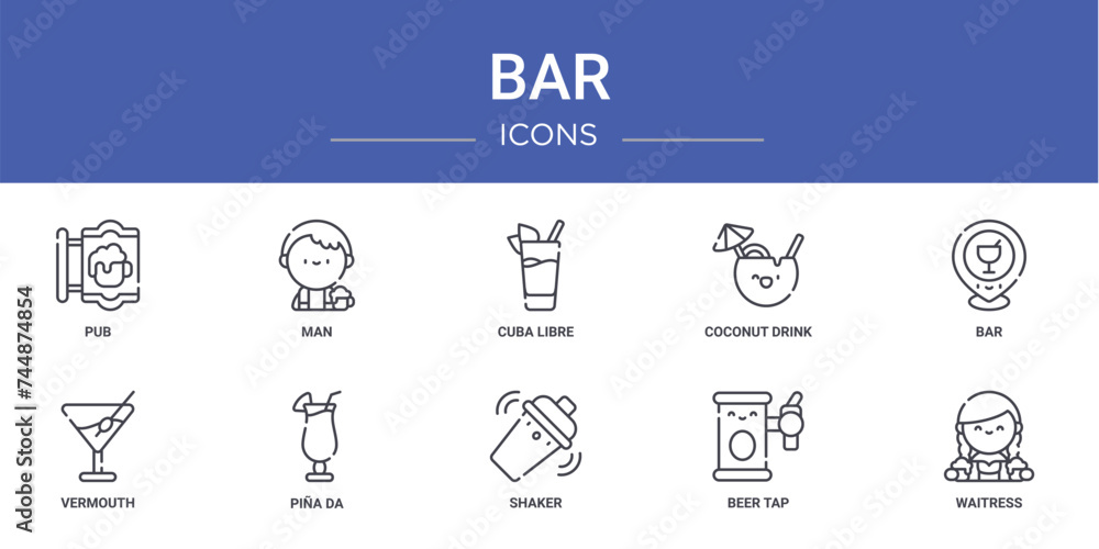 set of 10 outline web bar icons such as pub, man, cuba libre, coconut ...