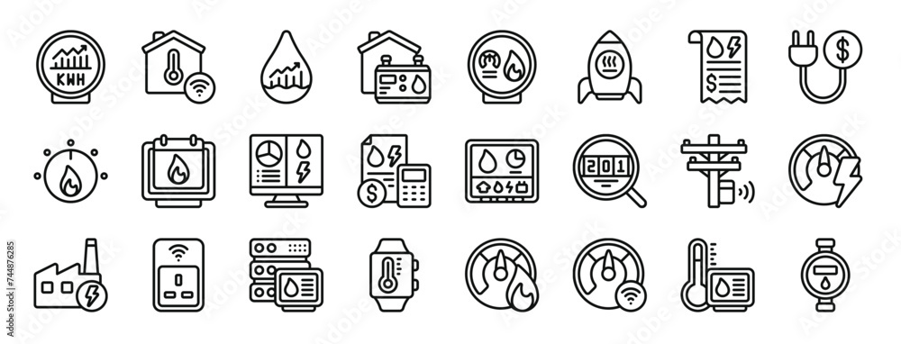 set of 24 outline web smart meters icons such as meter, home, water, home, meter, rocket, bill ...