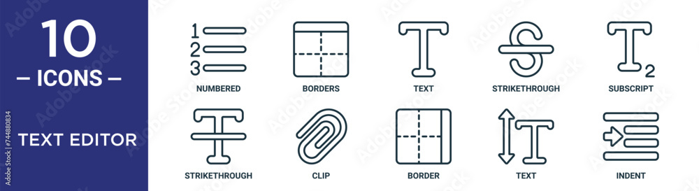 text editor outline icon set includes thin line numbered, text, subscript, clip, text, indent ...