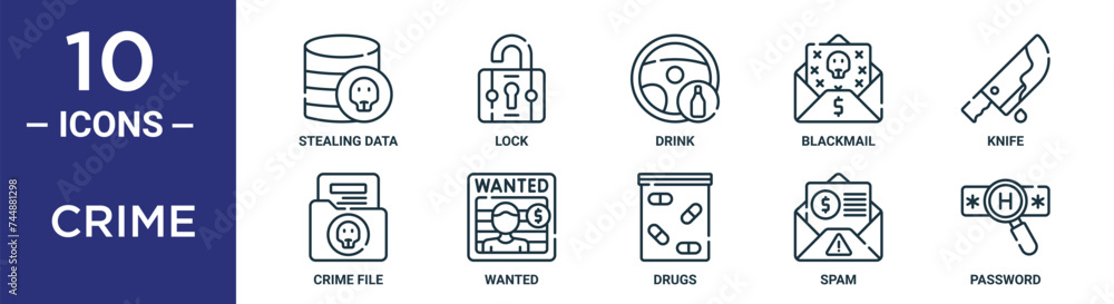 crime outline icon set includes thin line stealing data, drink, knife ...