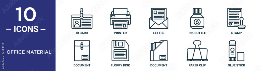 office material outline icon set includes thin line id card, letter ...