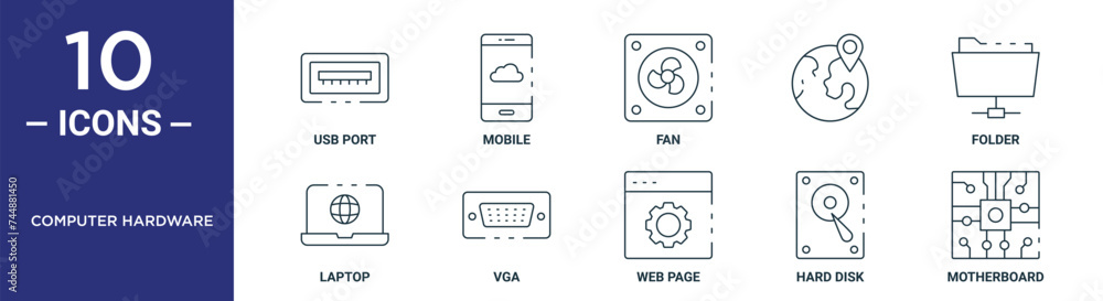computer hardware outline icon set includes thin line usb port, fan ...