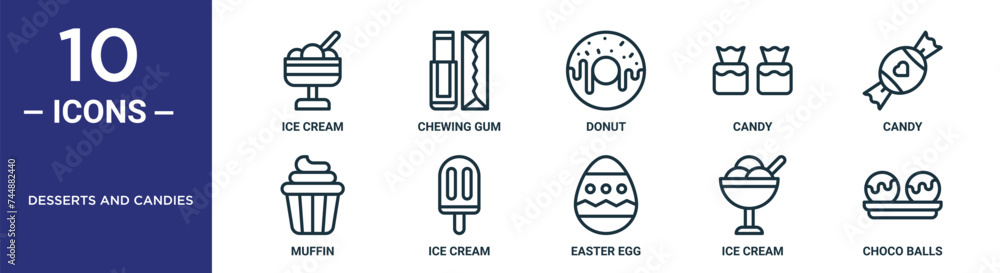 desserts and candies outline icon set includes thin line ice cream, donut, candy, ice cream, ice ...