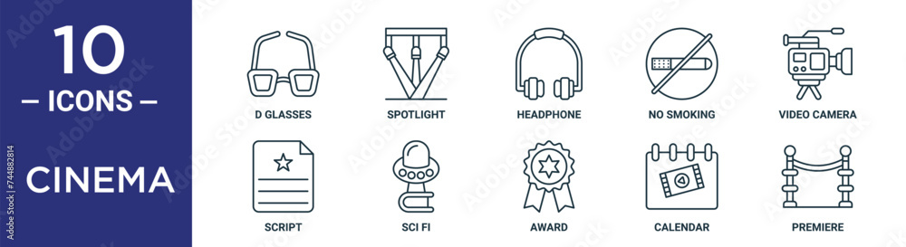 cinema outline icon set includes thin line d glasses, headphone, video ...