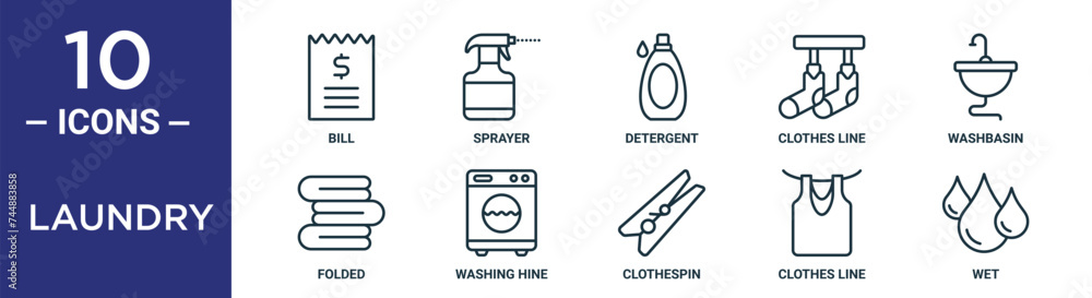 laundry outline icon set includes thin line bill, detergent, washbasin ...