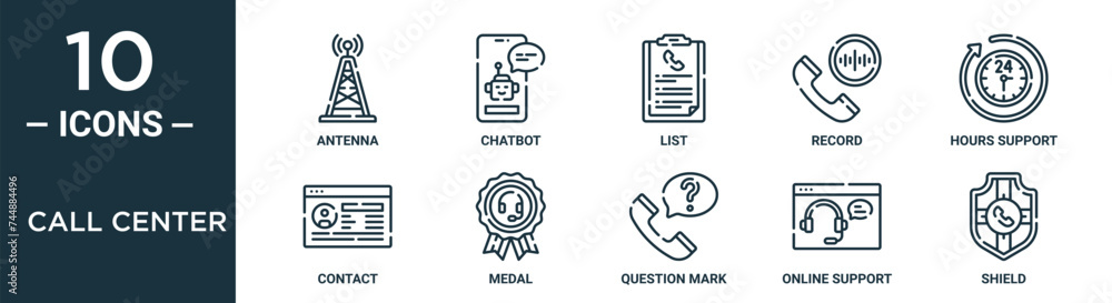 call center outline icon set includes thin line antenna, list, hours ...