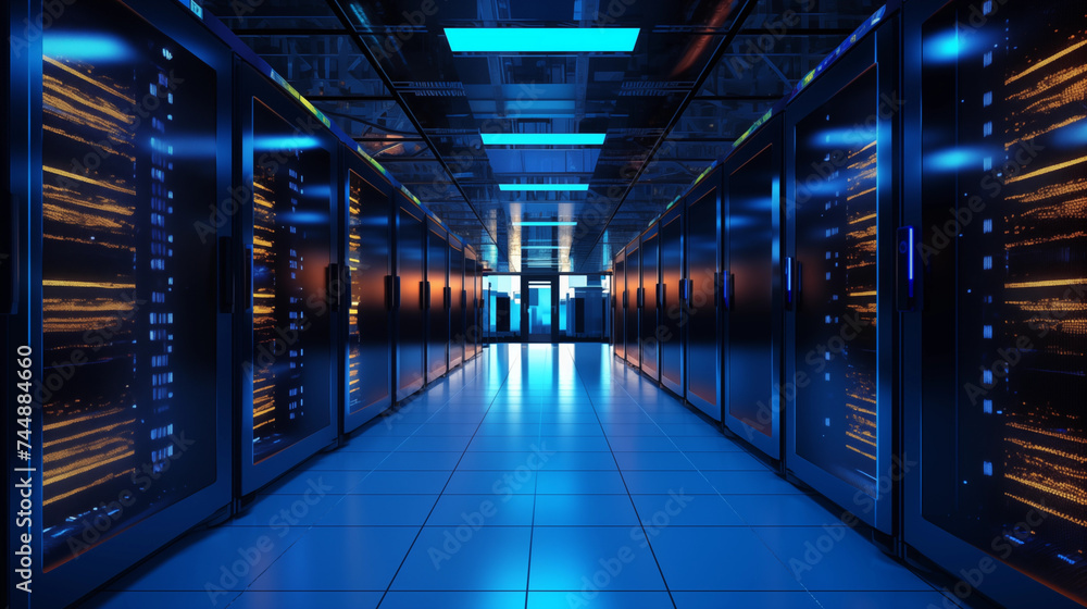 Shot of Corridor in Working Data Center Full of Rack Servers and ...