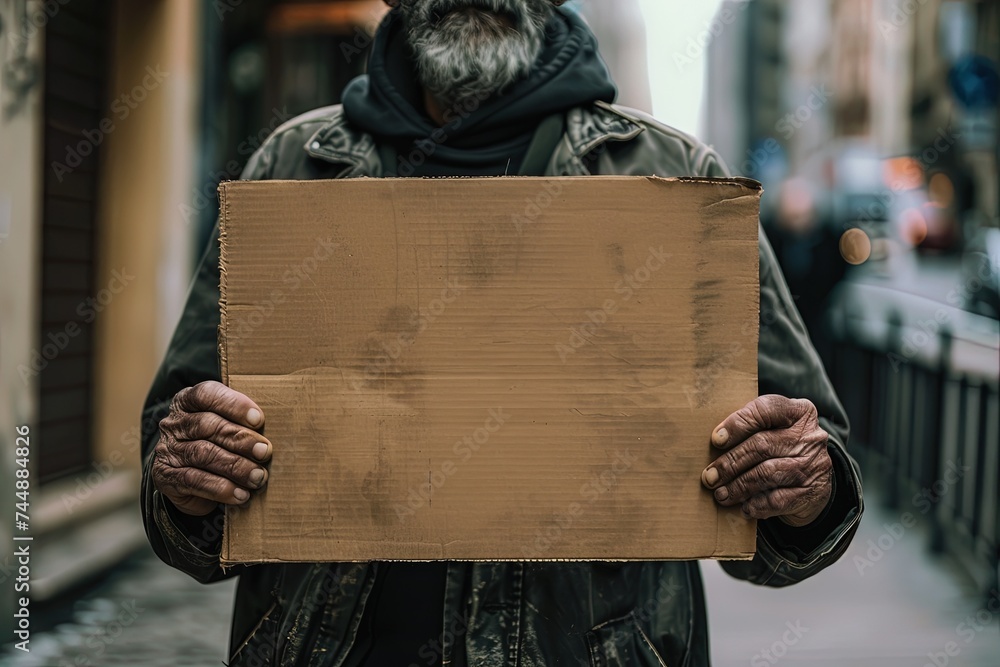 Homeless person holding up cardboard sign - vagabond panhandling on the street corner Stock ...
