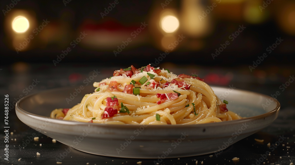 Set in a romantic ambiance, a classic plate of spaghetti pasta ...