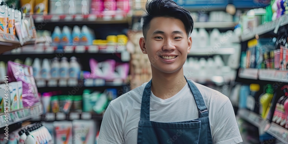 Retail store worker in the aisles of a grocery store during the job ...