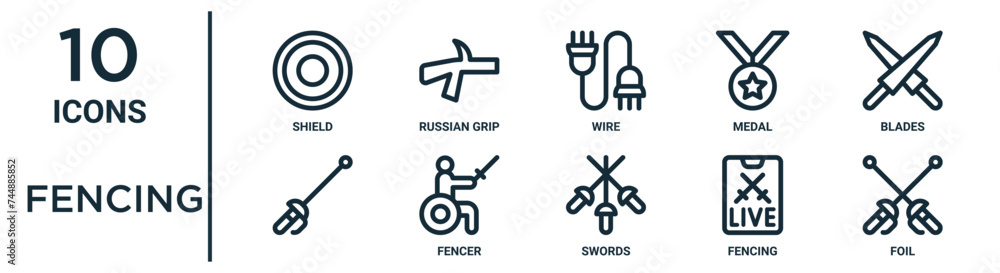 fencing outline icon set includes thin line shield, wire, blades ...