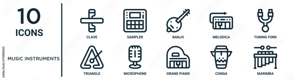 Vetor de music instruments outline icon set includes thin line clave ...
