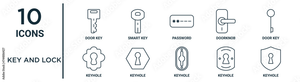 Key And Lock Outline Icon Set Includes Thin Line Door Key Password Door Key Keyhole Keyhole