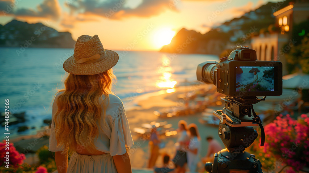 Video camera filming influencer woma acting for a movie in luxury hotel ...