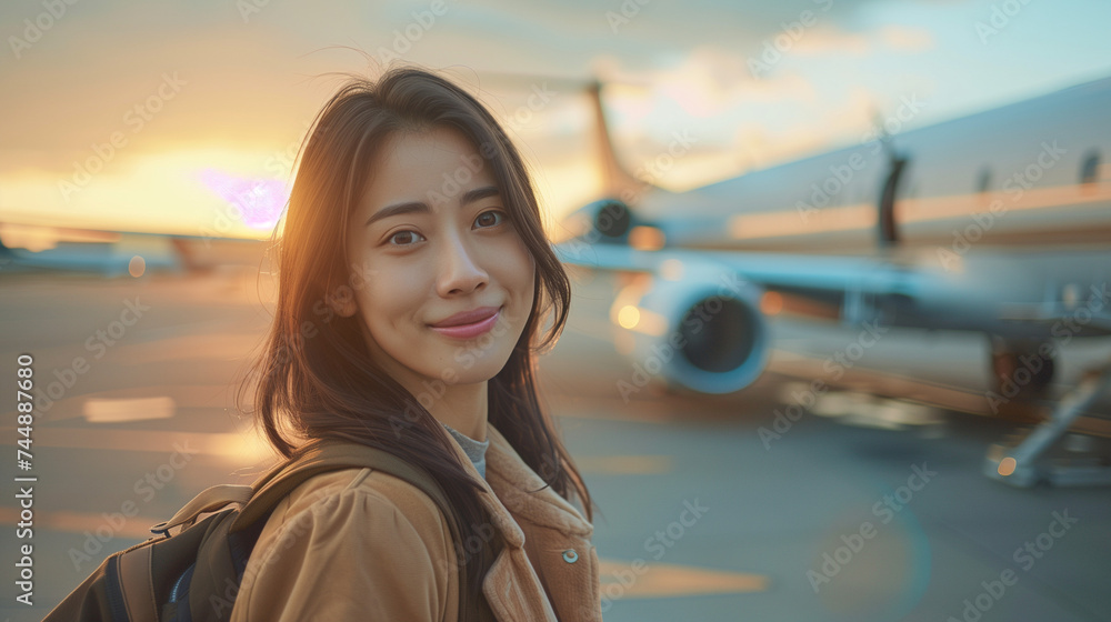 woman arriving at her destination coming out of the plane after the ...