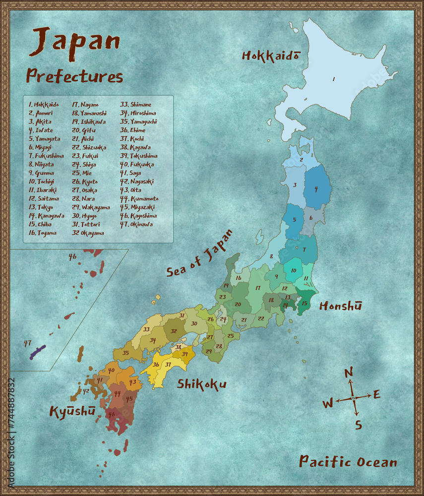 Stylized illustrated map showing the four main islands of Japan, with ...