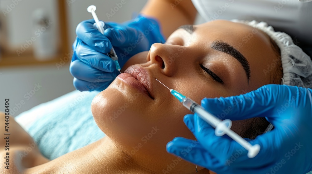 plastic surgery, beauty, Surgeon or beautician touching woman face ...