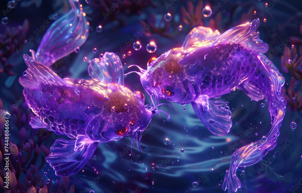 Zodiac sign Pisces. Two fish in purple and blue neon lights on a starry ...