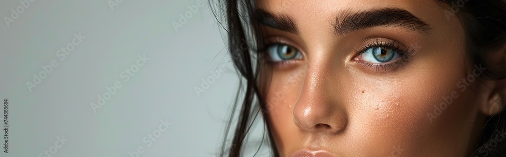 womans face fills the frame, illuminated by bright lights. Her features ...
