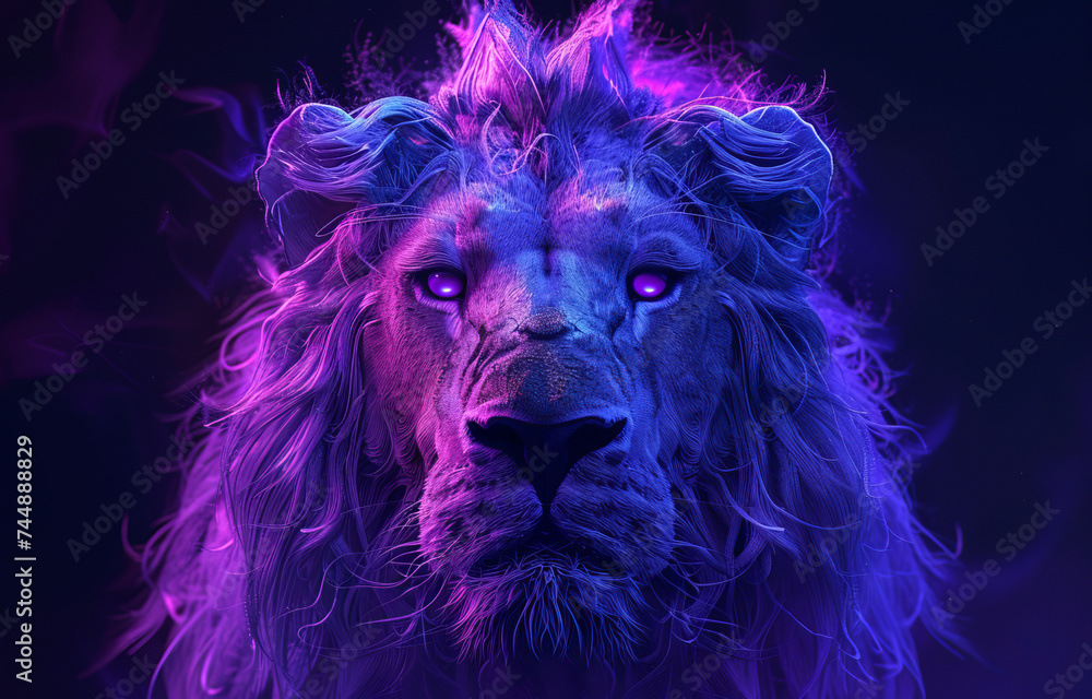 Zodiac sign Leo with a stylized lion head in purple and blue neon ...