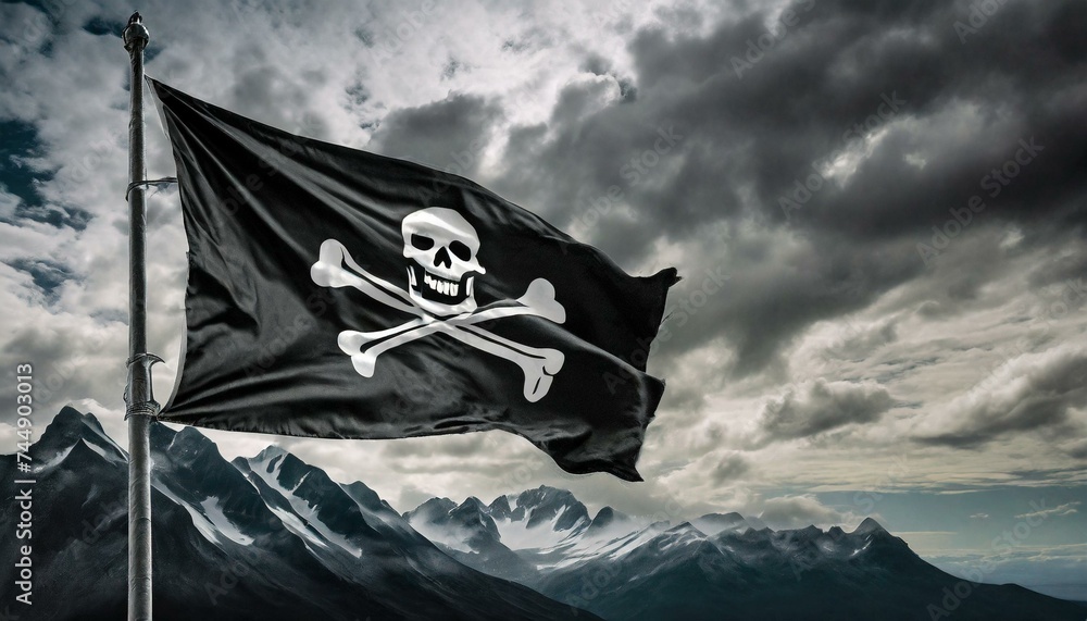 pirate flag on a ship, Pirate flag with skull and bones waving in the ...