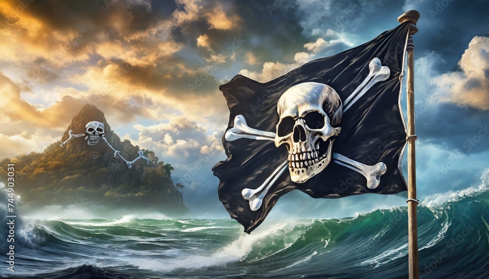 pirate flag and ship, wallpaper Pirate flag with skull and bones waving ...