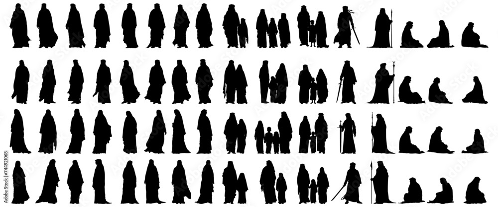 set of silhouette of arabic people. islamic muslim man woman kid family ...