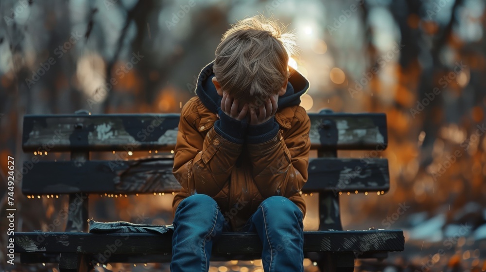 Sad Crestfallen Crying child boy sitting on a park bench covering his ...