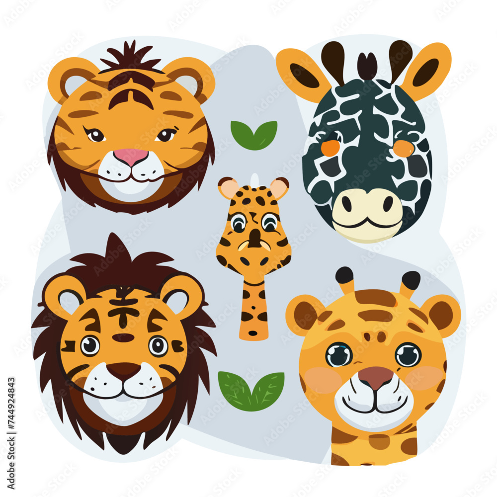 Vector Illustrations of Cute Wild Safari Jungle Animals: Tiger ...