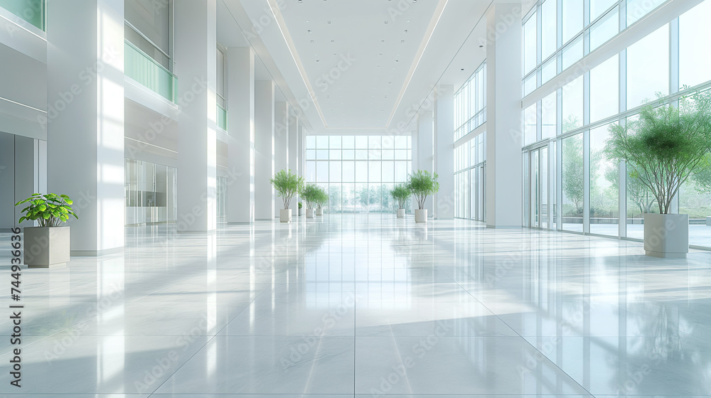 Spacious and bright corporate lobby featuring floor-to-ceiling windows ...