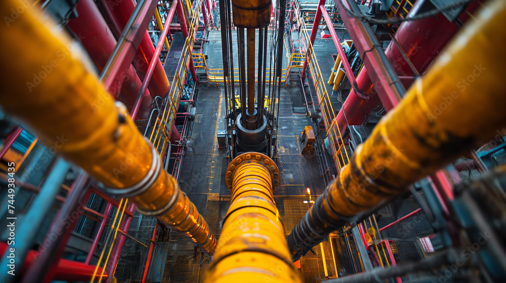 A complex network of drill pipes on an offshore oil drilling platform ...