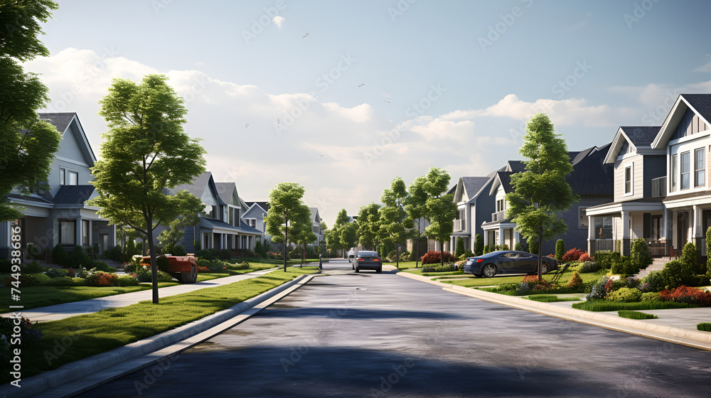 Street of exterior suburban homes at Summer. A perfect neighborhood ...