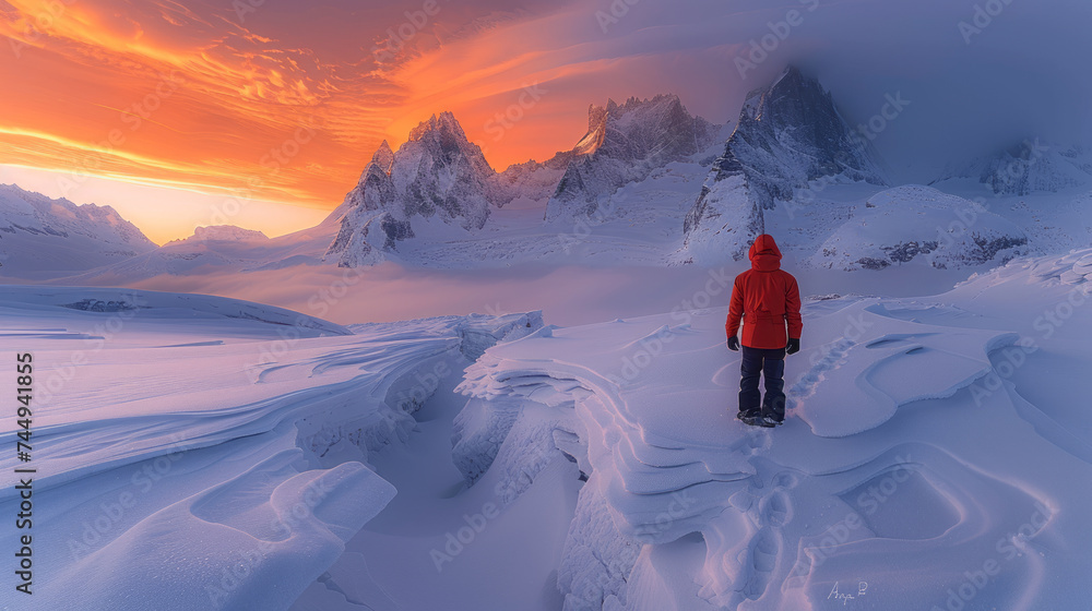 Glaciers, crevasses, Matterhorn, distant man, frosty dunes, sunrise ...