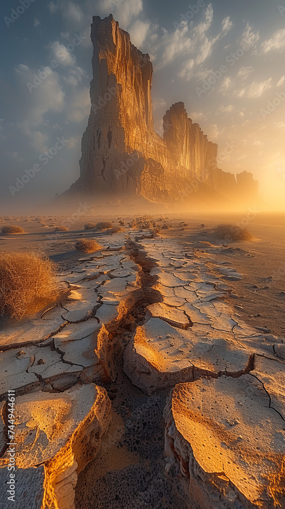 cracked lines of sand and clay leading into jagged desert rock spires ...