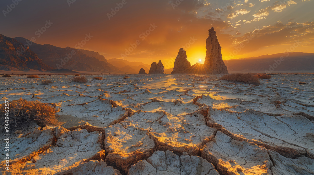 cracked lines of sand and clay leading into jagged desert rock spires ...