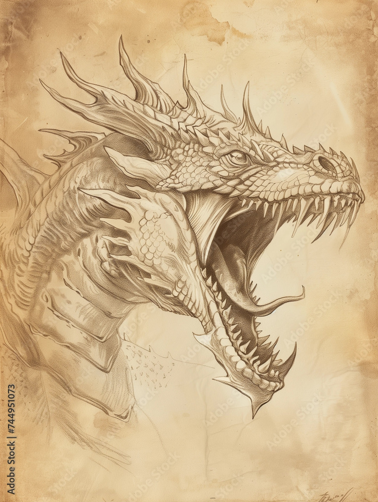 Pencil sketch of a roaring dragon on paper Stock Illustration | Adobe Stock