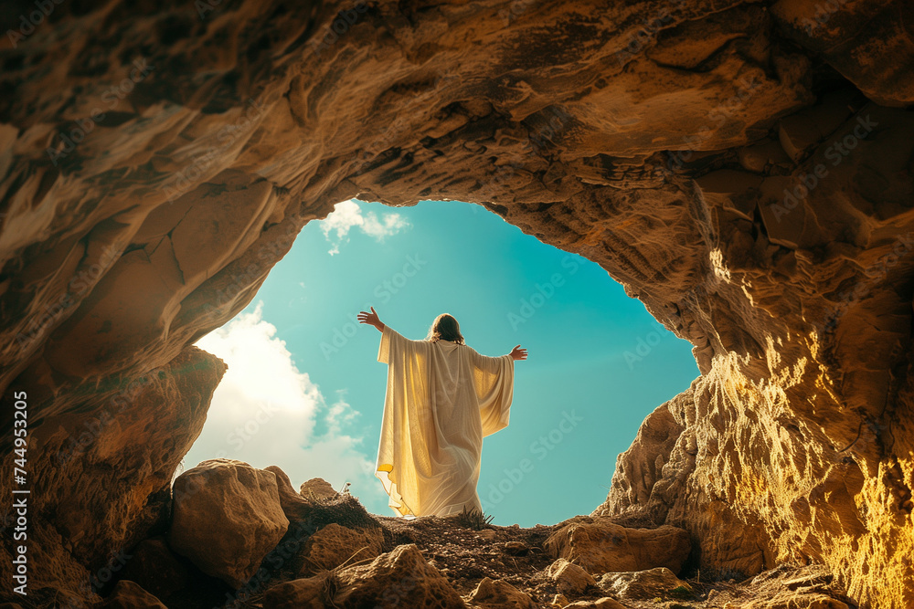 jesus emerging from tomb resurrection at easter from behind with blue ...