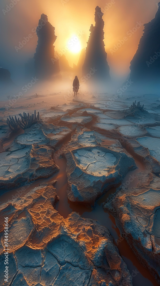 cracked lines of sand and clay leading into jagged desert rock spires ...