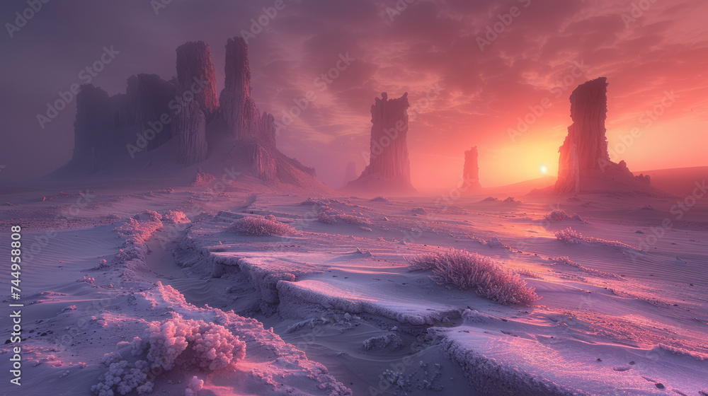 cracked lines of sand and clay leading into jagged desert rock spires ...