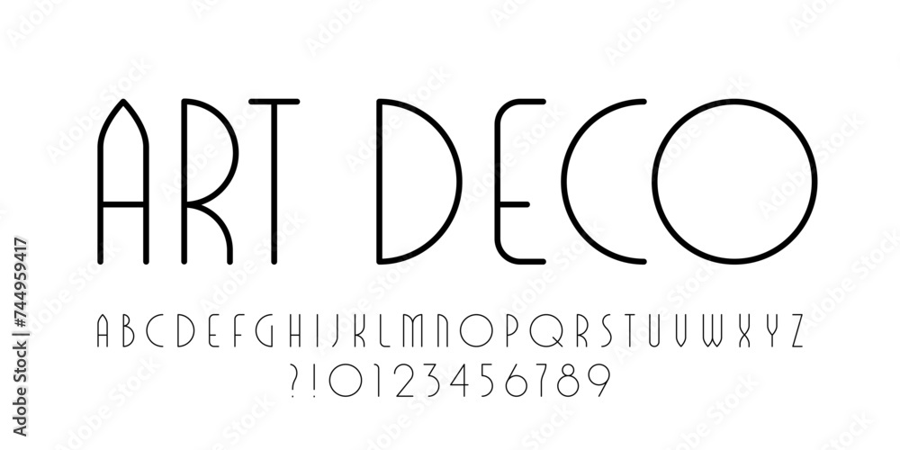 Art Deco alphabet font. Letters and numbers in outline style. Black on ...
