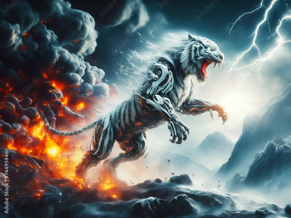 A robotic tiger jumping, sci-fi scene, background is fire, smoke ...