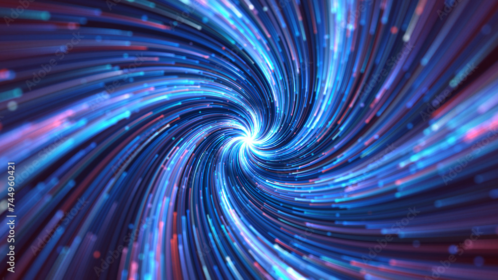 Twisted lines converging into center while rotating. Blue particle ...