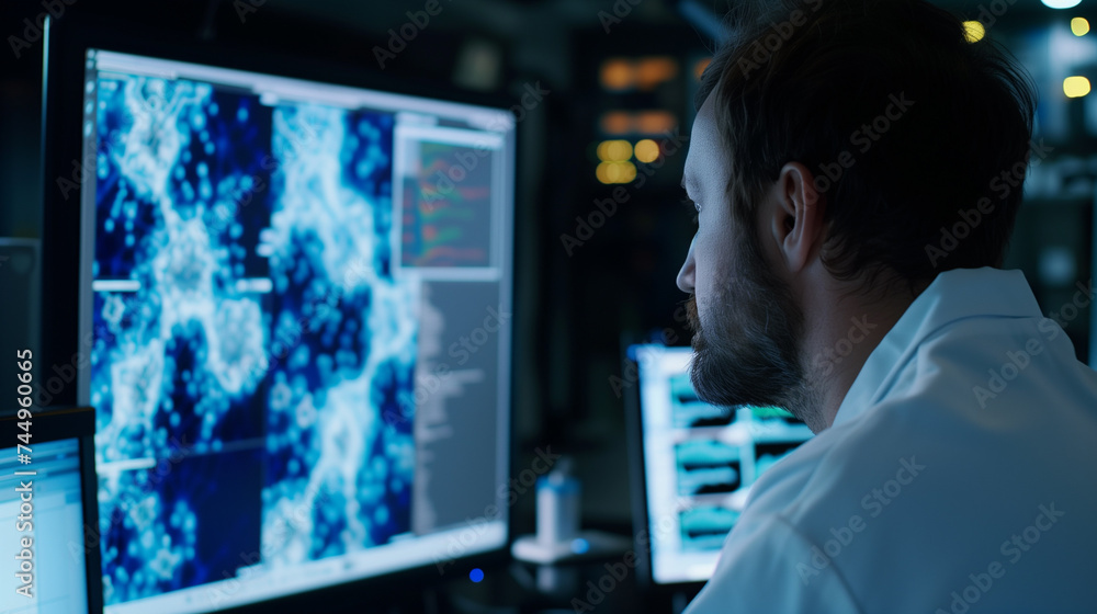 scientist observing a large monitor displaying a complex generative AI ...