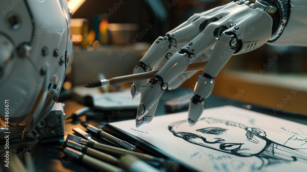 robotic hand sketching a human portrait, showcasing the precision and ...