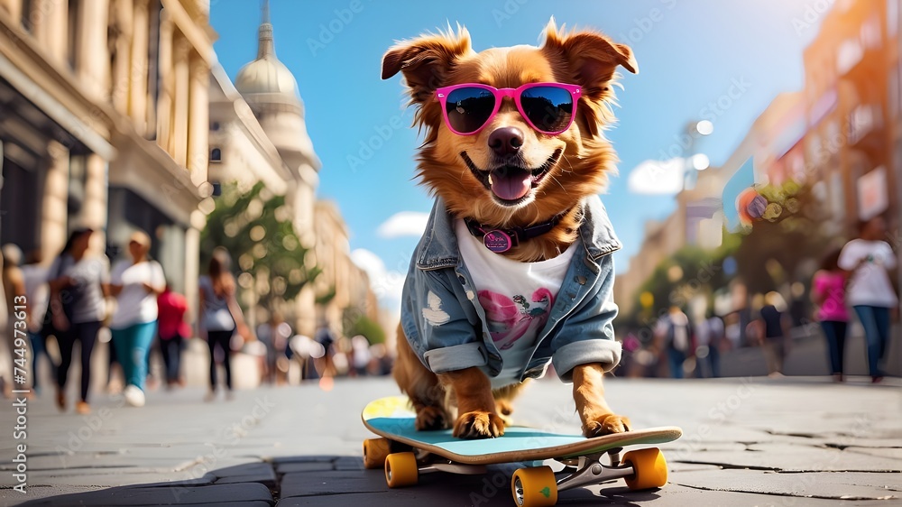 Dog dressed for summer in a Hawaii frock and hat with sunglasses, Dog ...
