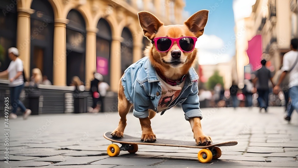 Dog dressed for summer in a Hawaii frock and hat with sunglasses, Dog ...