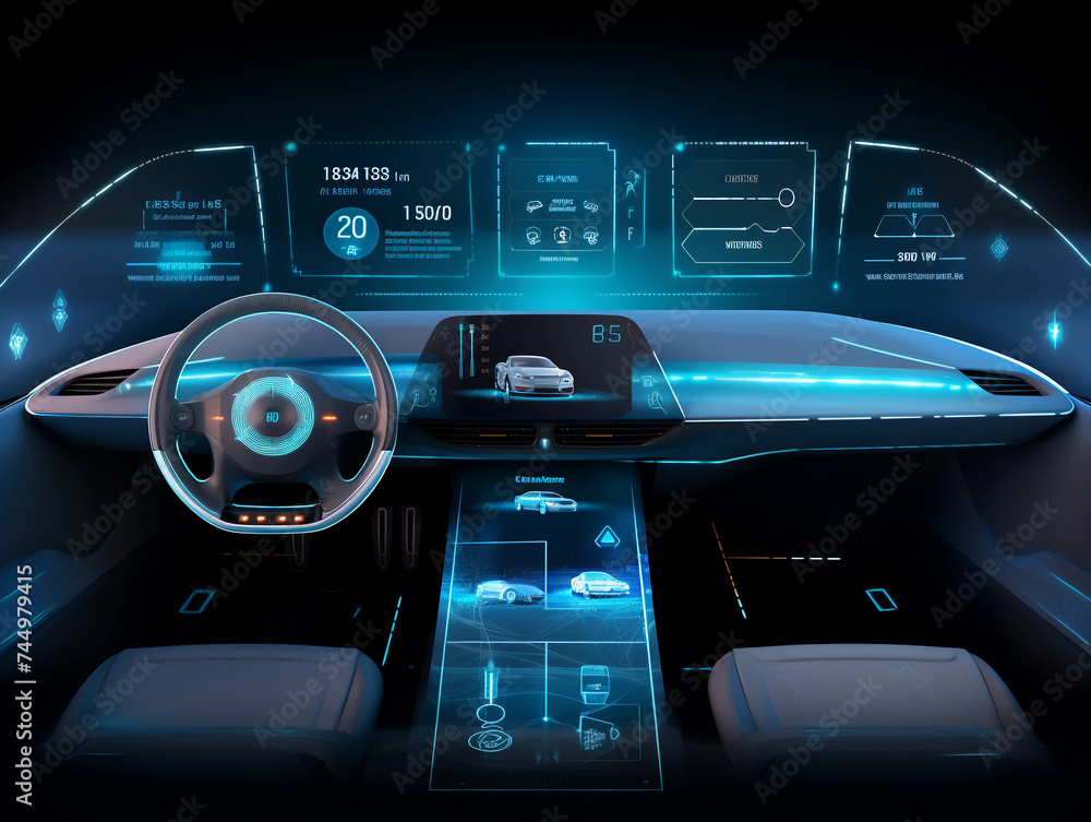autonomous futuristic car dashboard concept with HUD and hologram ...