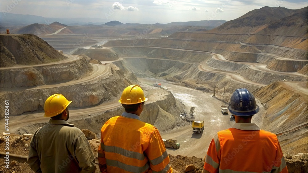 Construction workers wearing safety gear overlooking mine site Stock ...